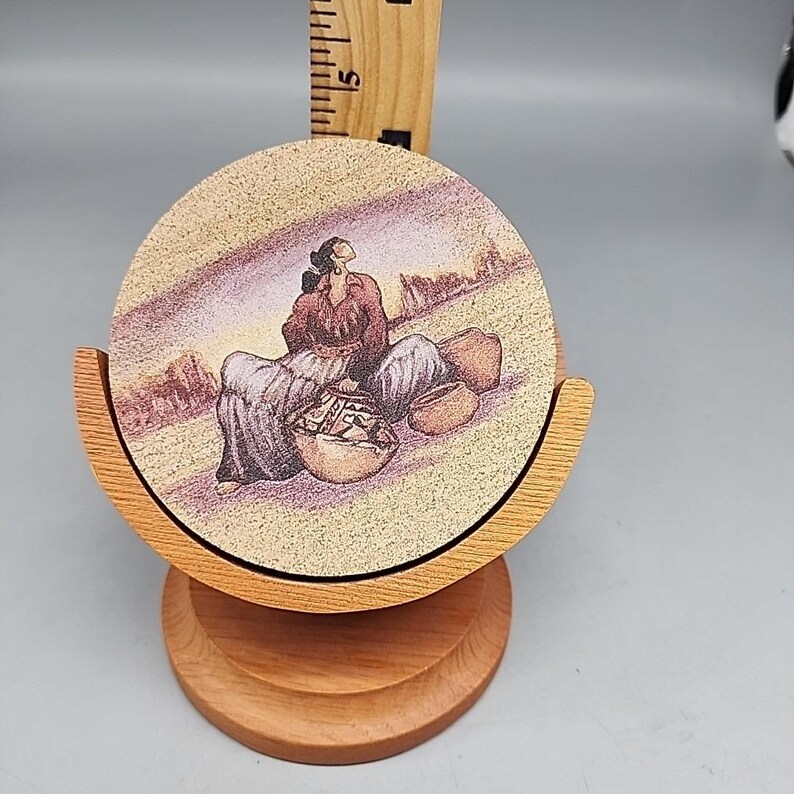 Stone and Cork Native Woman Art Coasters Set of 4 and Wooden Stand ...