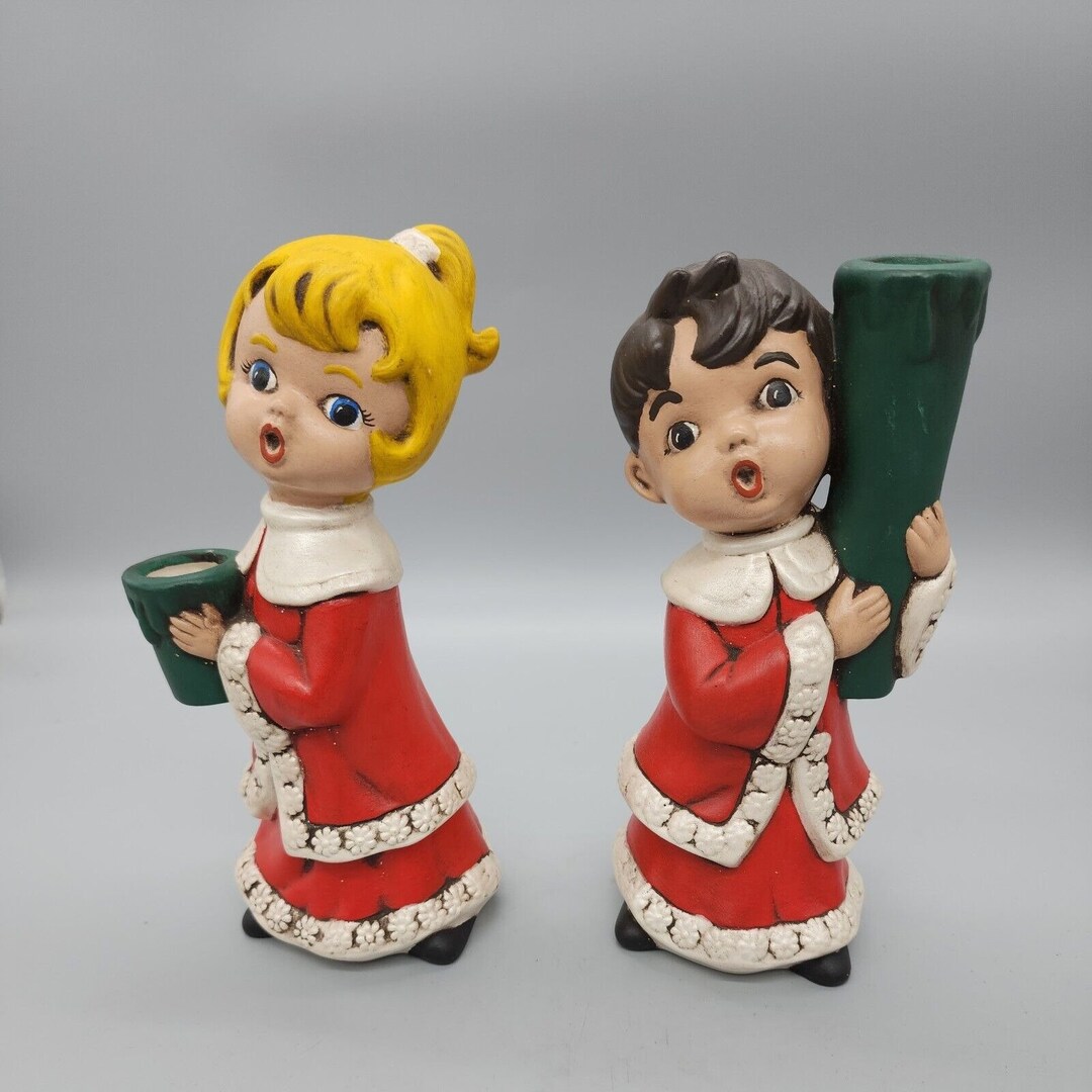 Vintage MCM Christmas Carolers Candle Holders Ceramic Boy & Girl Hand ...