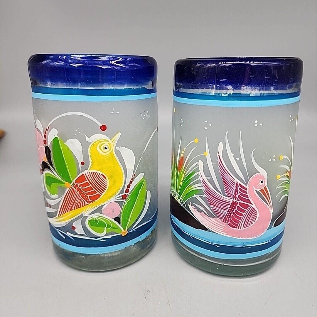 MEXICAN GLASSES Frosted, Hand Blown, Hand Painted Blue Rim Tumblers ...