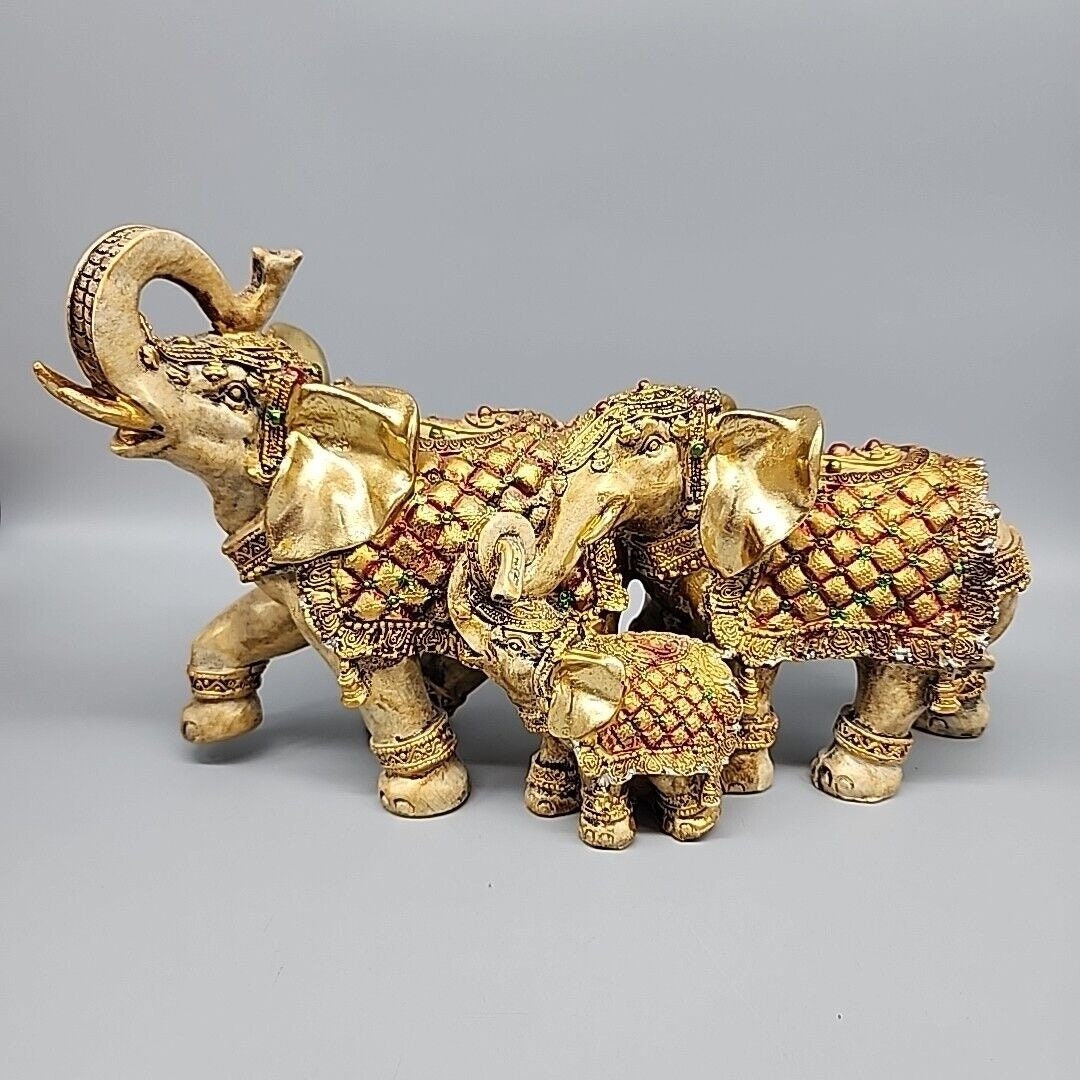 Vintage Golden Asian Elephant Family Figurine, Ornate Saddles, Resin ...