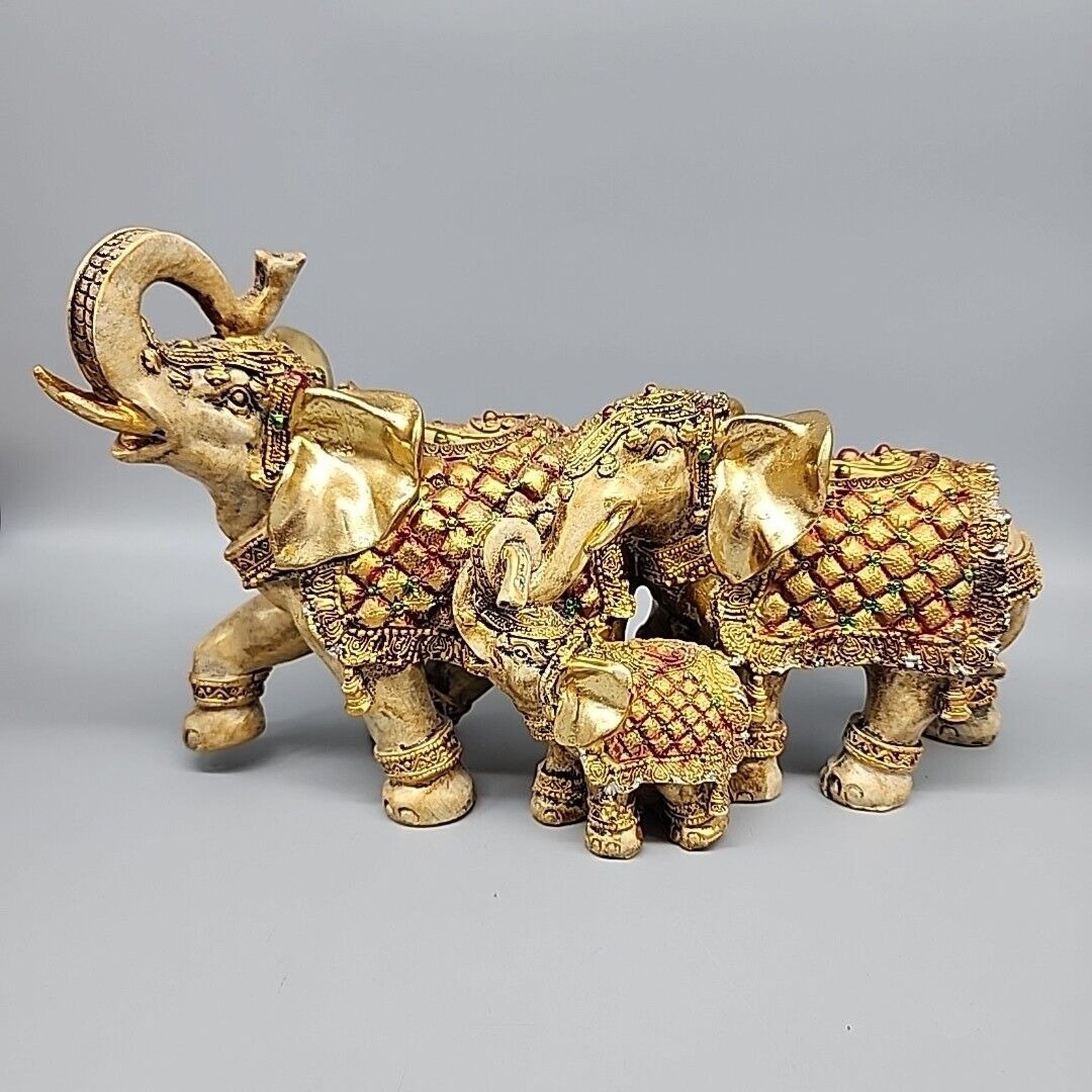Vintage Golden Asian Elephant Family Figurine, Ornate Saddles, Resin ...