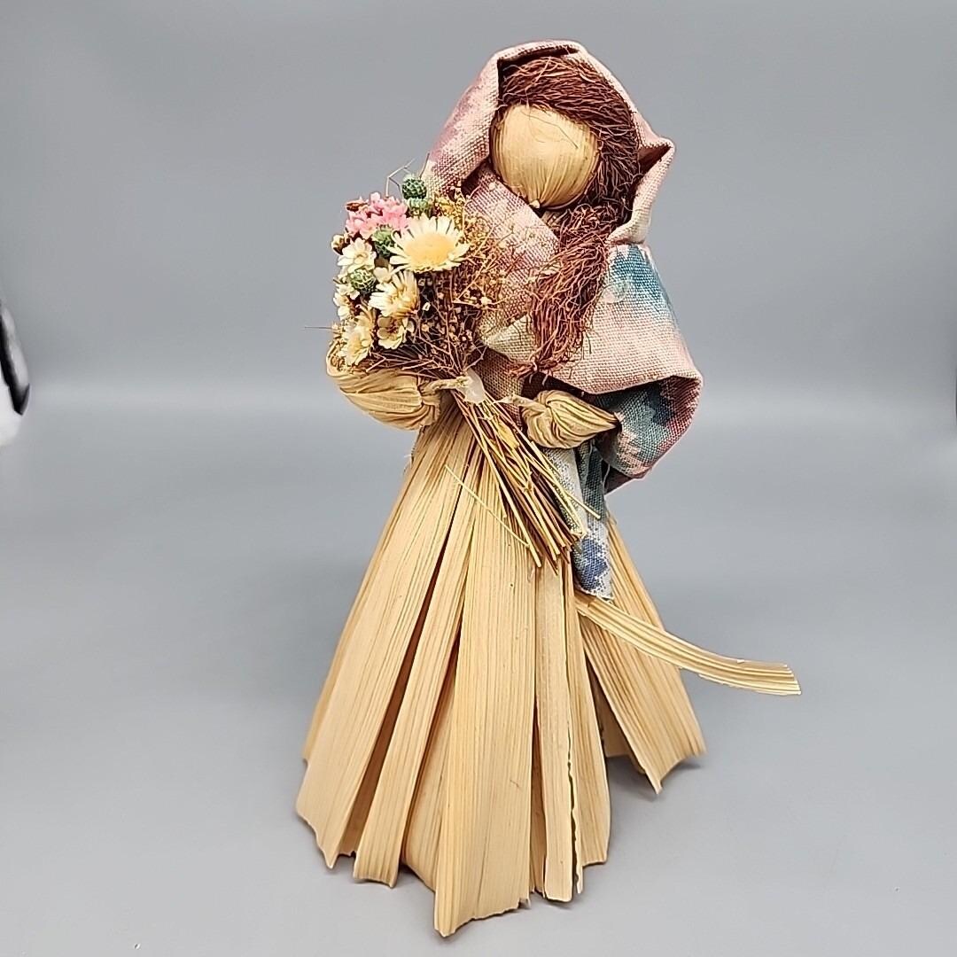 Vintage Corn Husk Girl Doll Dried Flowers 9" Handmade 1960's or 1970s ...