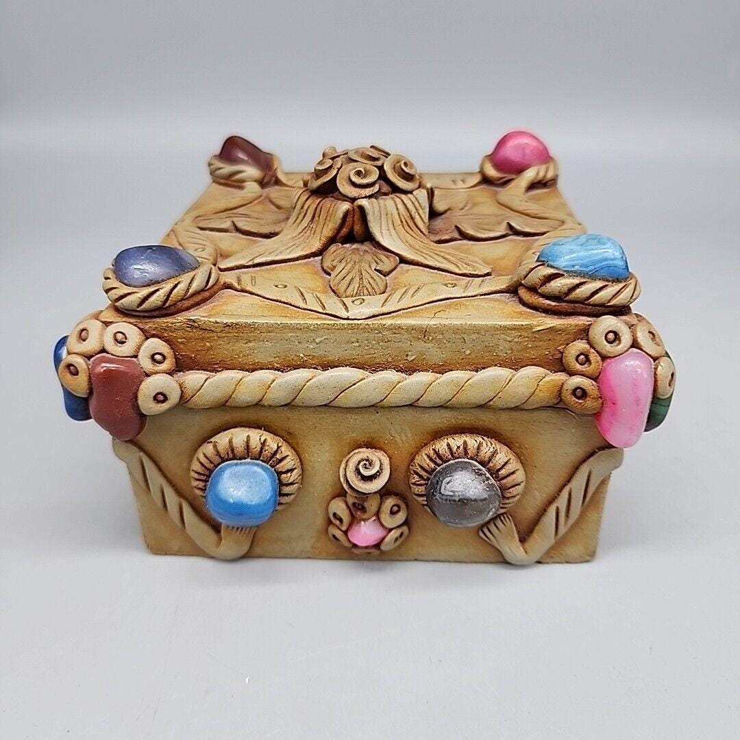 Vtg Peru Clay Over Wood Square Ornate Jewelry Trinket Box Semi Precious ...