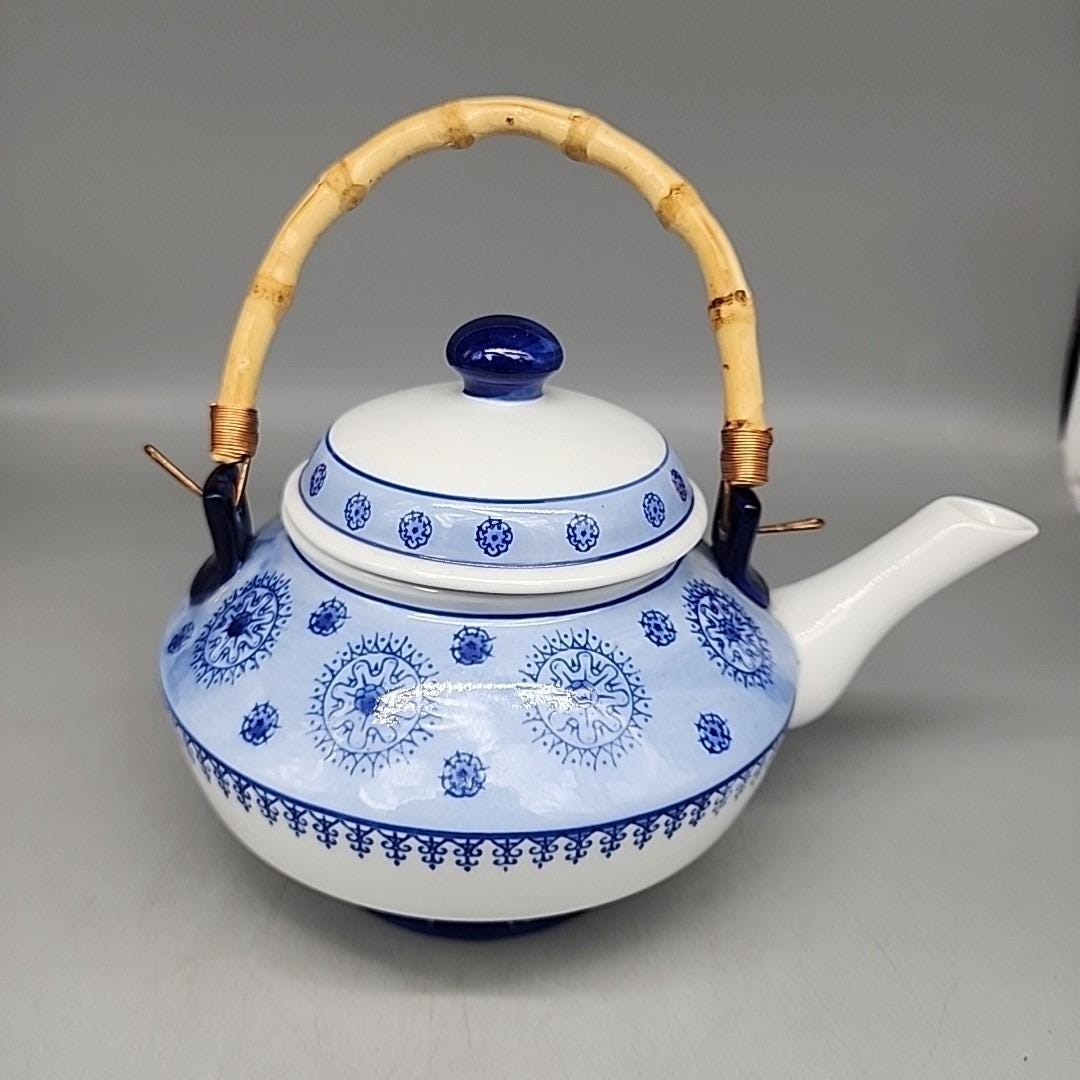 World Market Teapot Blue White W/ Bamboo Handle Porcelain World Market ...