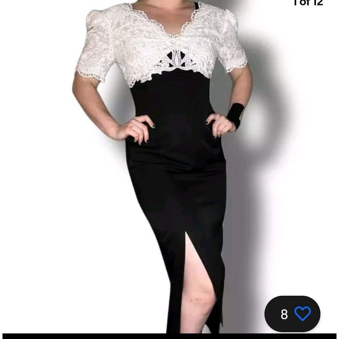 Jessica Mcclintock Dillard's Vintage Black White Short Sleeve Lace Long Dress 6 - Etsy