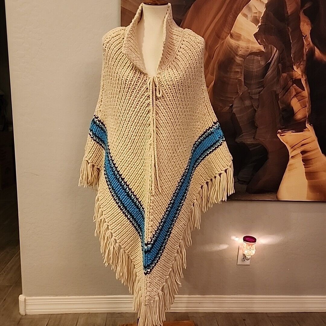 Vintage 70s Knit Poncho Blue Ivory Unbranded Heavyweight Oversized ...
