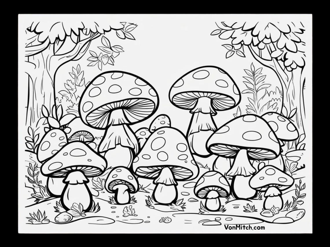 Mushroom Forest Coloring Pages - Printable PNG Set of 5 - Cottage ...