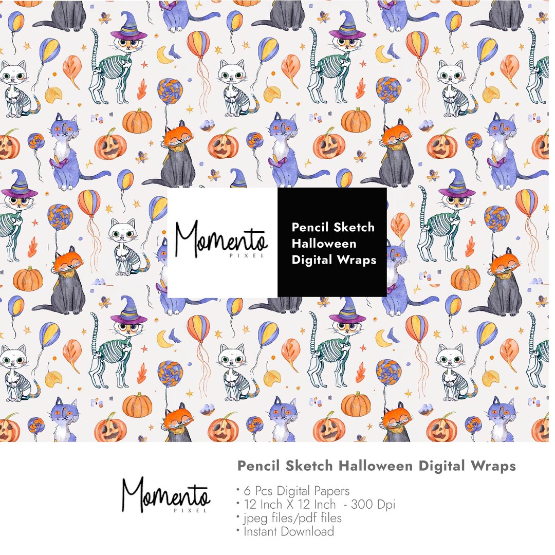Digital Wrap Papers - Hand-drawn Pencil Sketch Style Halloween Digital ...