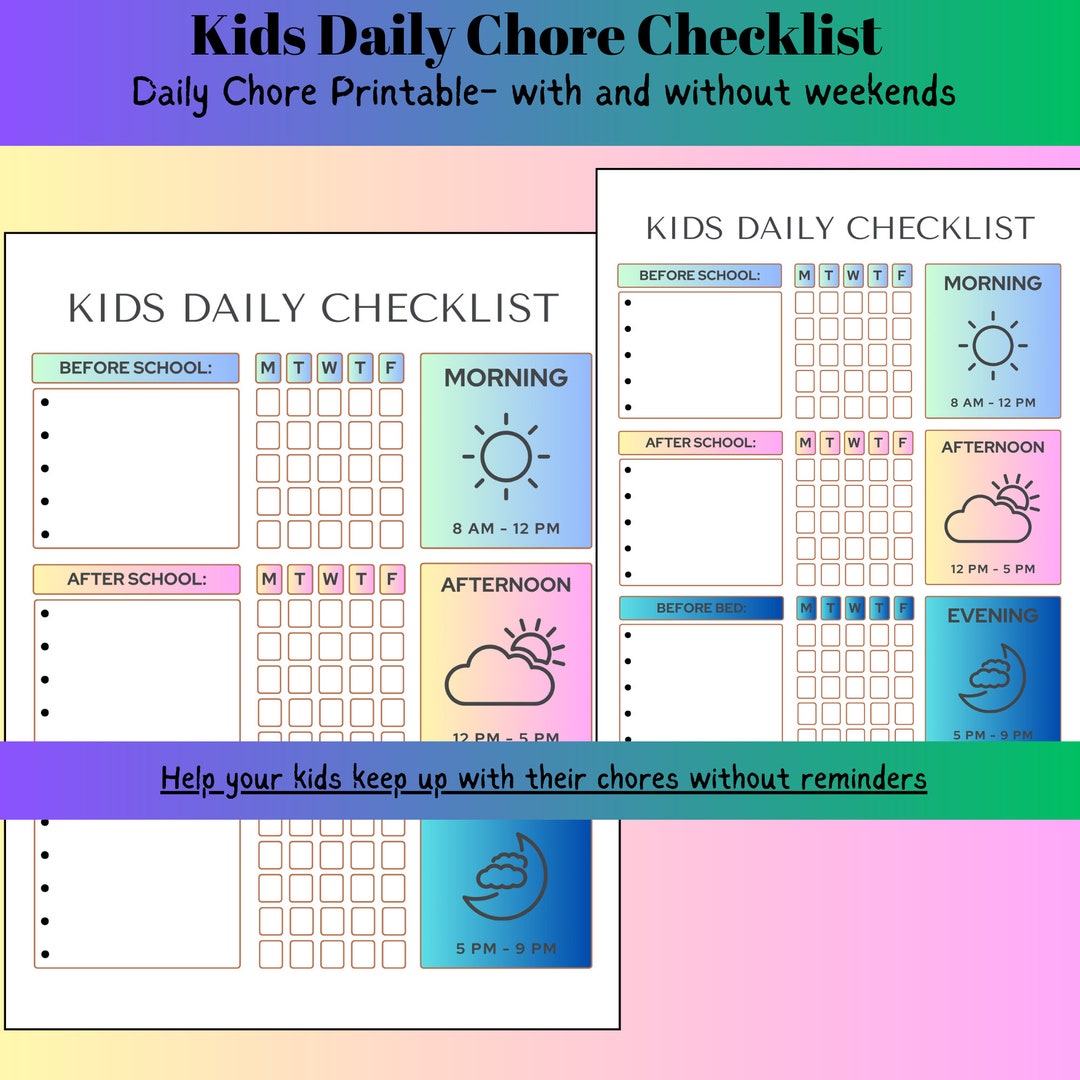 Kids Chore Chart, Monday-friday and Monday-sunday - Etsy
