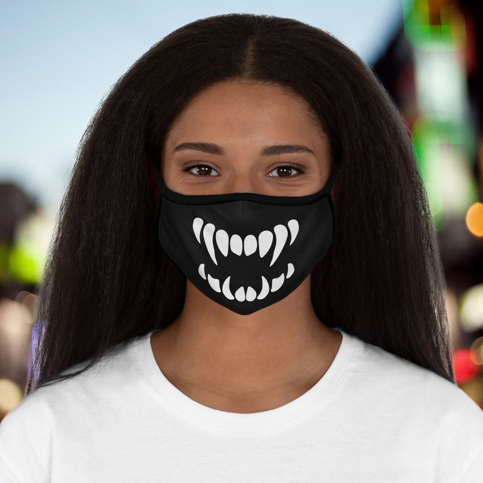 Goth Vampire Teeth Fitted Polyester Face Mask Spooky Face Covering ...