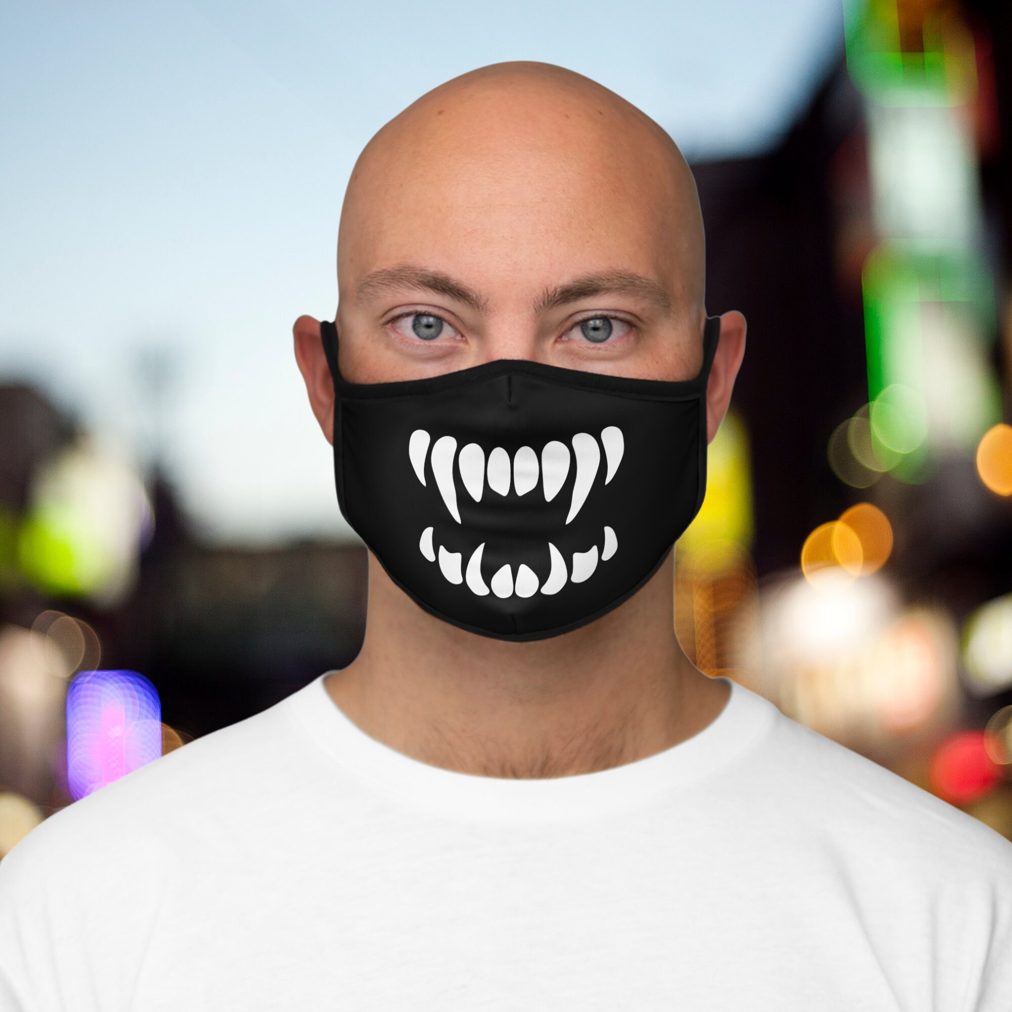 Goth Vampire Teeth Fitted Polyester Face Mask Spooky Face Covering ...