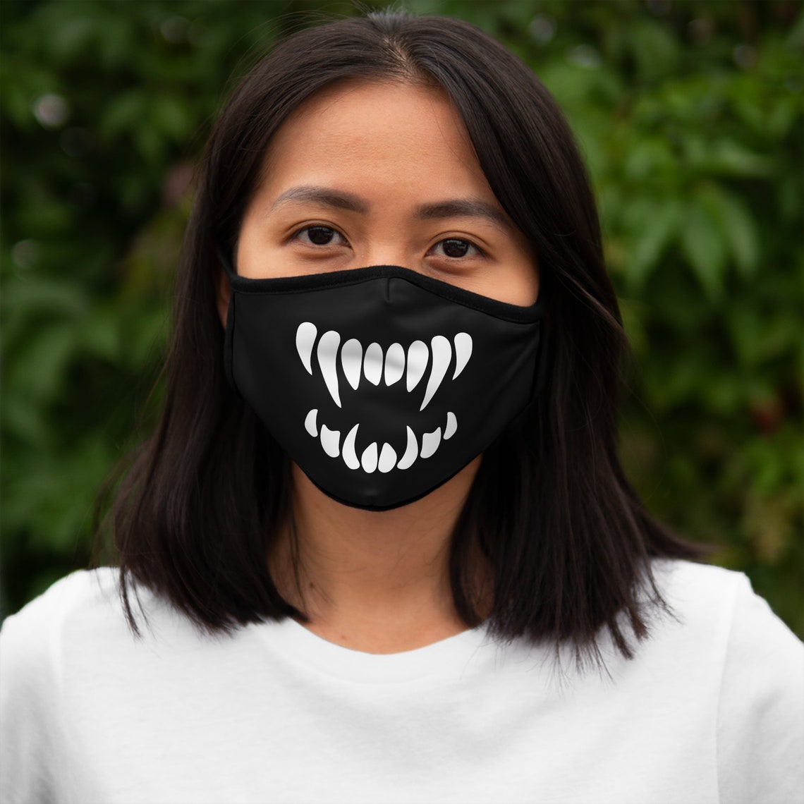 Goth Vampire Teeth Fitted Polyester Face Mask Spooky Face Covering ...