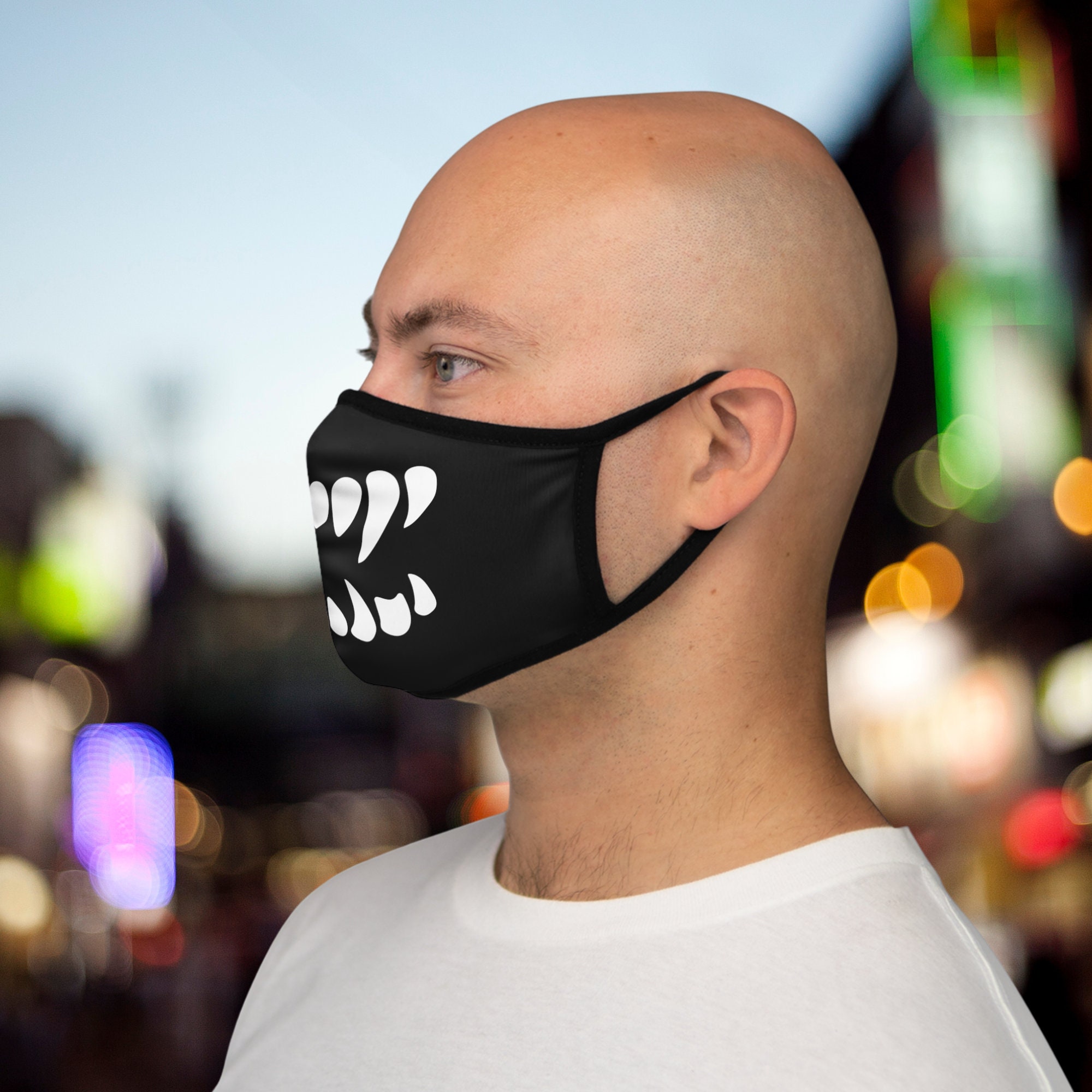 Goth Vampire Teeth Fitted Polyester Face Mask Spooky Face Covering ...