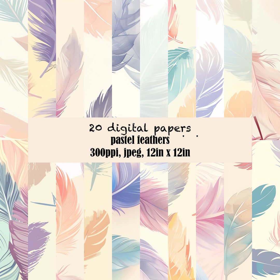 Pastel Feathers Digital Paper, Watercolor Pattern, Scrapbooking ...