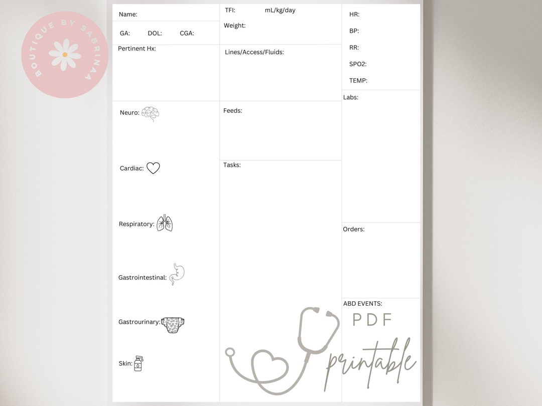 NICU Nurse Report Sheet, Neonatal Intensive Care, Registered Nurse, LPN ...