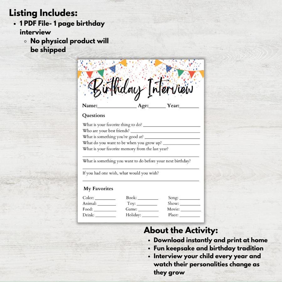 Kids Birthday Interview, Birthday Interview Printable, Kids Birthday ...