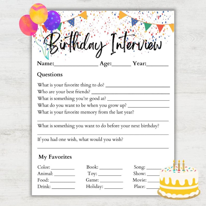 Kids Birthday Interview, Birthday Interview Printable, Kids Birthday ...