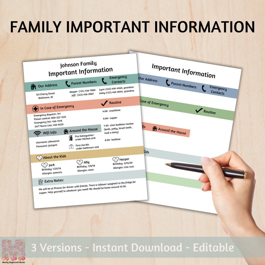 Family Important Information Printable, Emergency Information Sheet, Editable Emergency Info ...