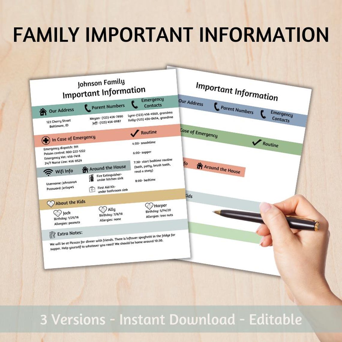 Family Important Information Printable, Emergency Information Sheet ...