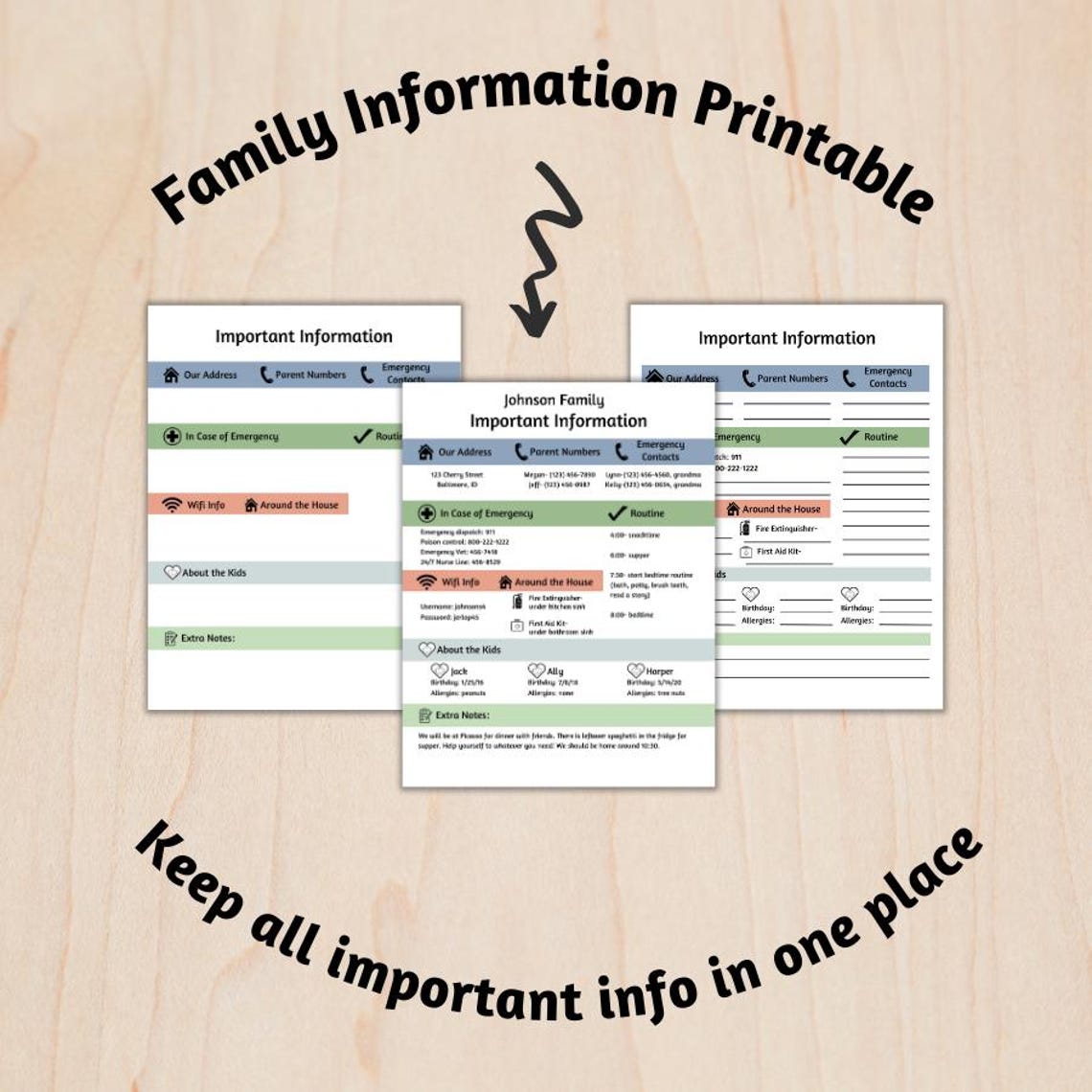 Family Important Information Printable, Emergency Information Sheet ...