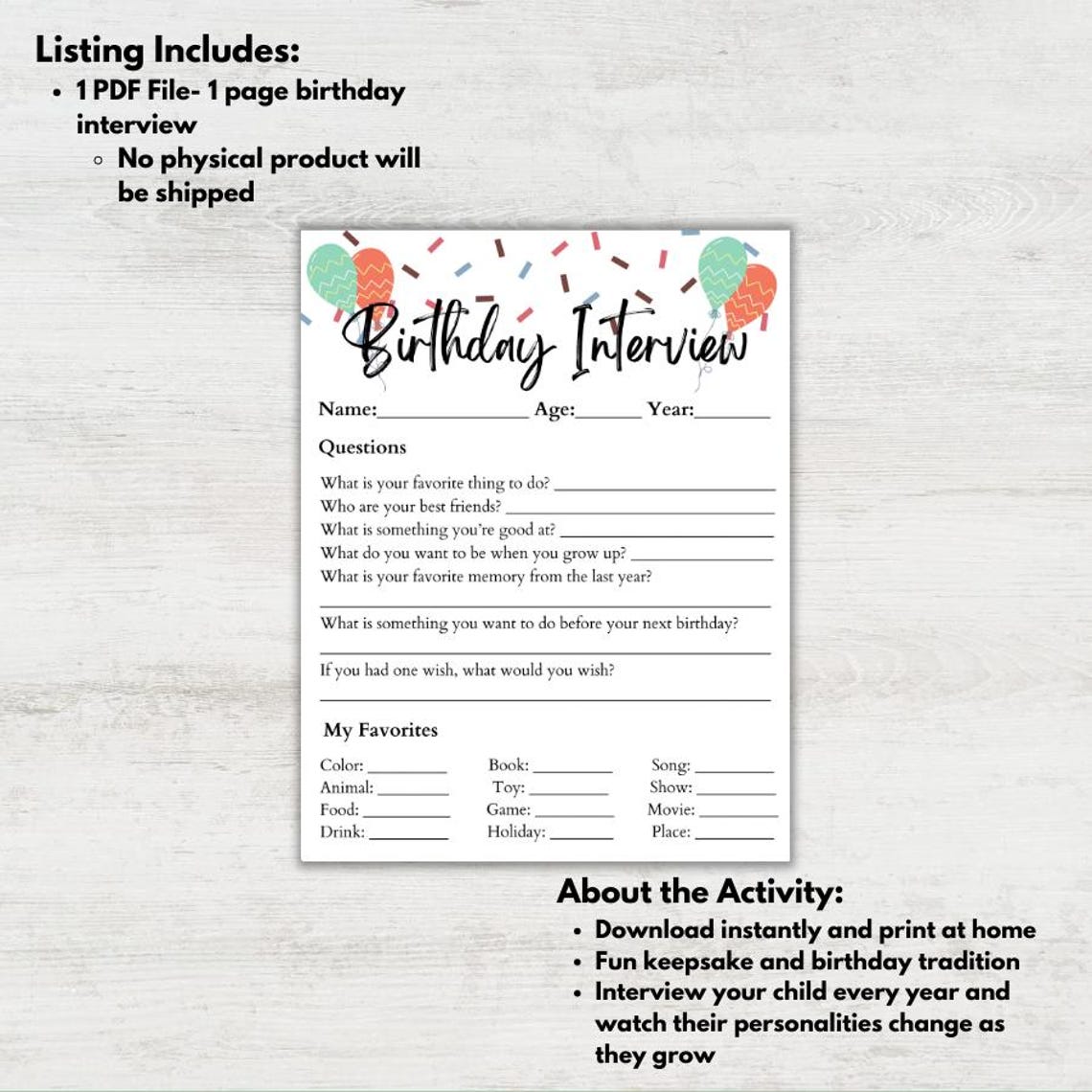 Kids Birthday Interview, Birthday Interview Printable, Kids Birthday ...
