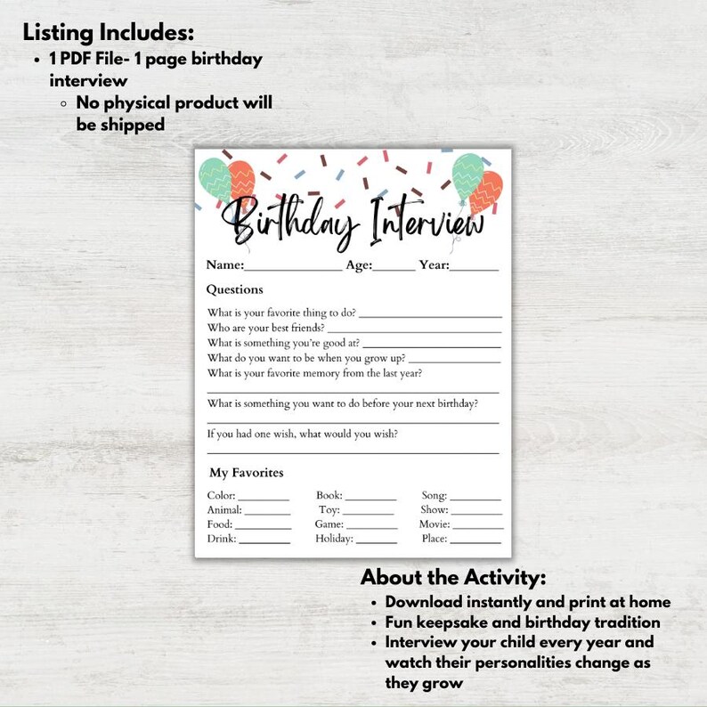 Kids Birthday Interview, Birthday Interview Printable, Kids Birthday ...