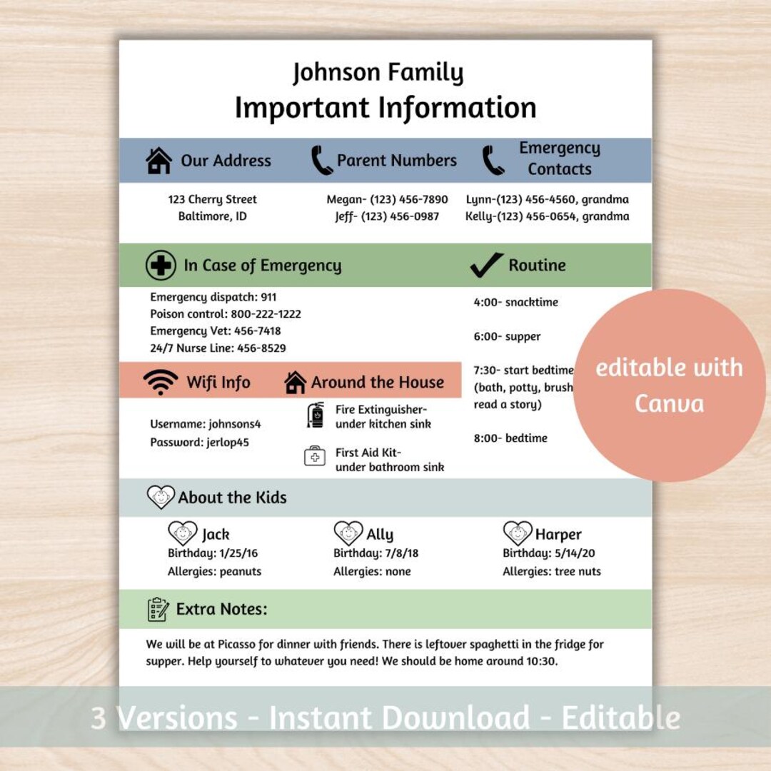 Family Important Information Printable, Emergency Information Sheet ...
