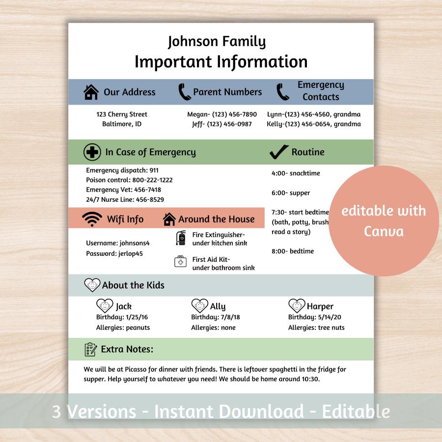 Family Important Information Printable, Emergency Information Sheet, Editable Emergency Info ...