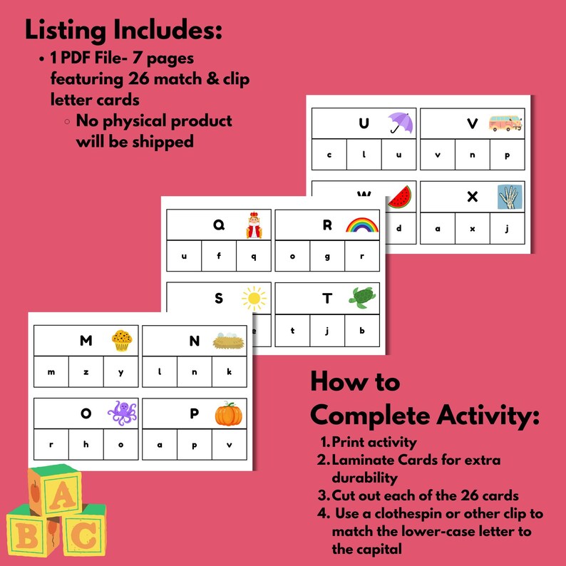 Alphabet Match & Clip Game: Preschool Learning Printable - Etsy