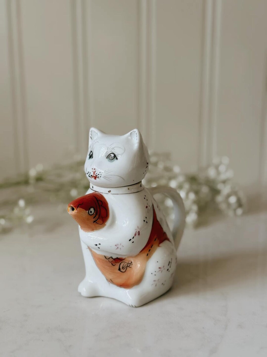 Vintage Cat With Fish Figurine, Ceramic Cat Pitcher, Cat Teapot - Etsy