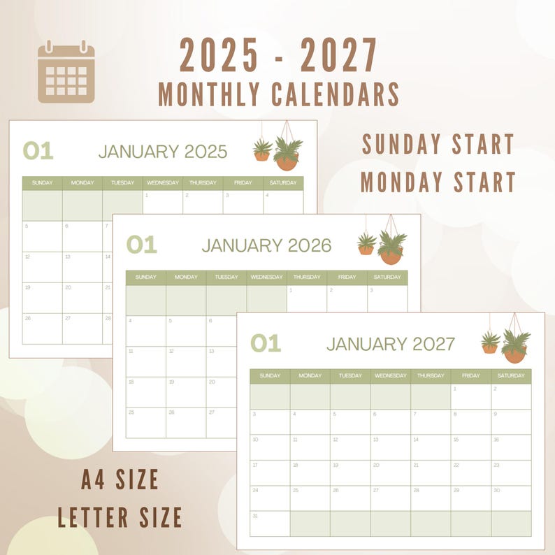 2025-2027 Calendar, 2025 Calendar Template, Minimalist Calendar, A4 ...
