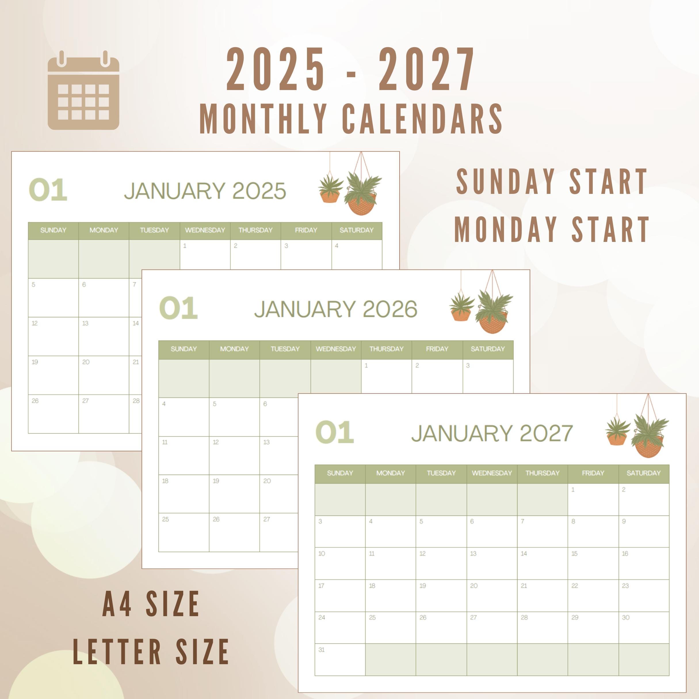 2025-2027 Calendar, 2025 Calendar Template, Minimalist Calendar, A4 ...
