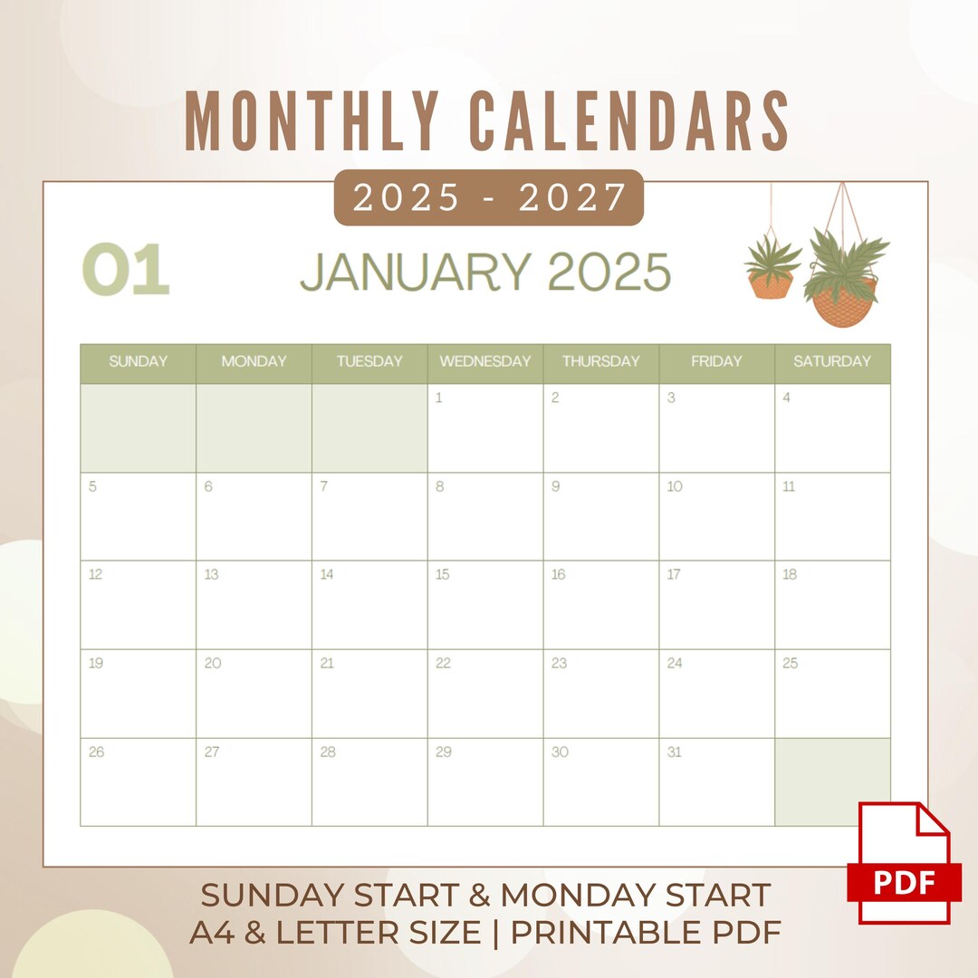 2025-2027 Calendar, 2025 Calendar Template, Minimalist Calendar, A4 ...