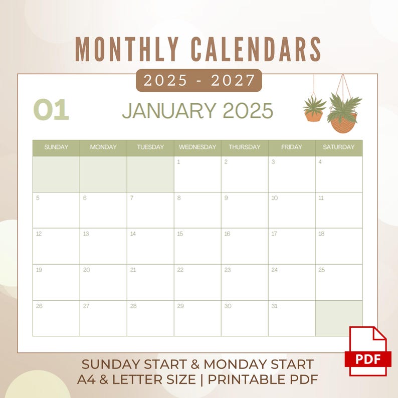 2025-2027 Calendar, 2025 Calendar Template, Minimalist Calendar, A4 ...