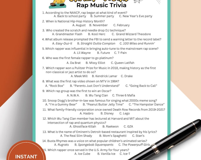 Printable Crazy Weird Rap Music Trivia Game, Hip Hop Pub Trivia ...