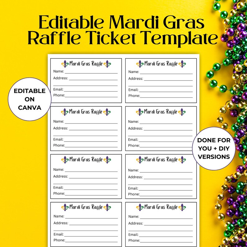 Editable Mardi Gras Raffle Tickets Template, Fundraising Event, School ...