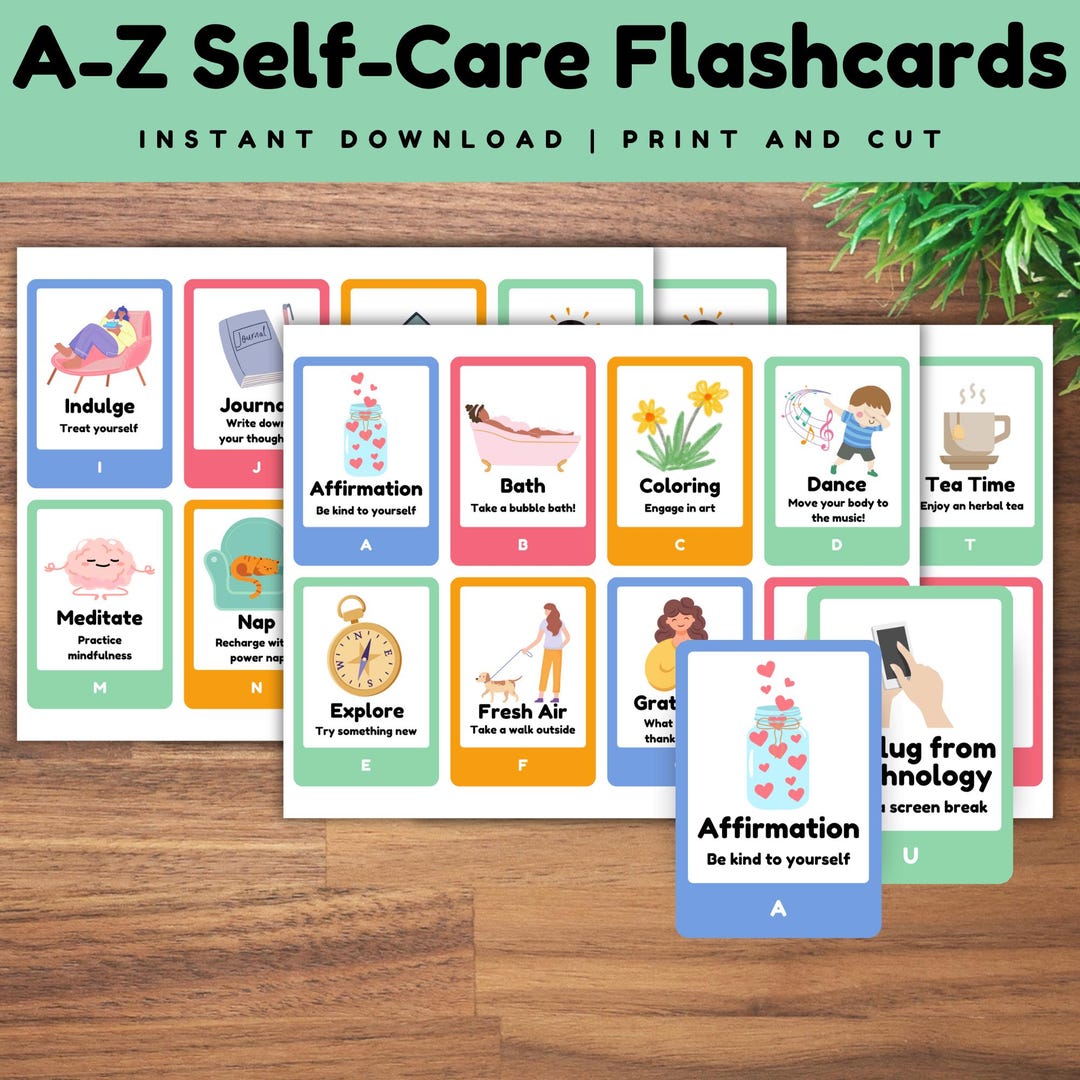 Printable A-Z Self Care Flashcards for Kids or Adults, Wellness ...