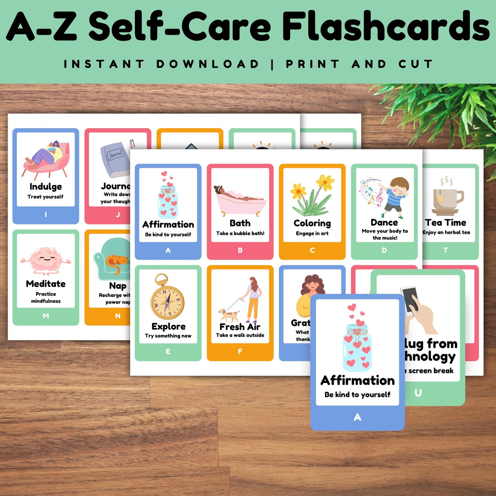 Printable A-Z Self Care Flashcards for Kids or Adults, Wellness ...