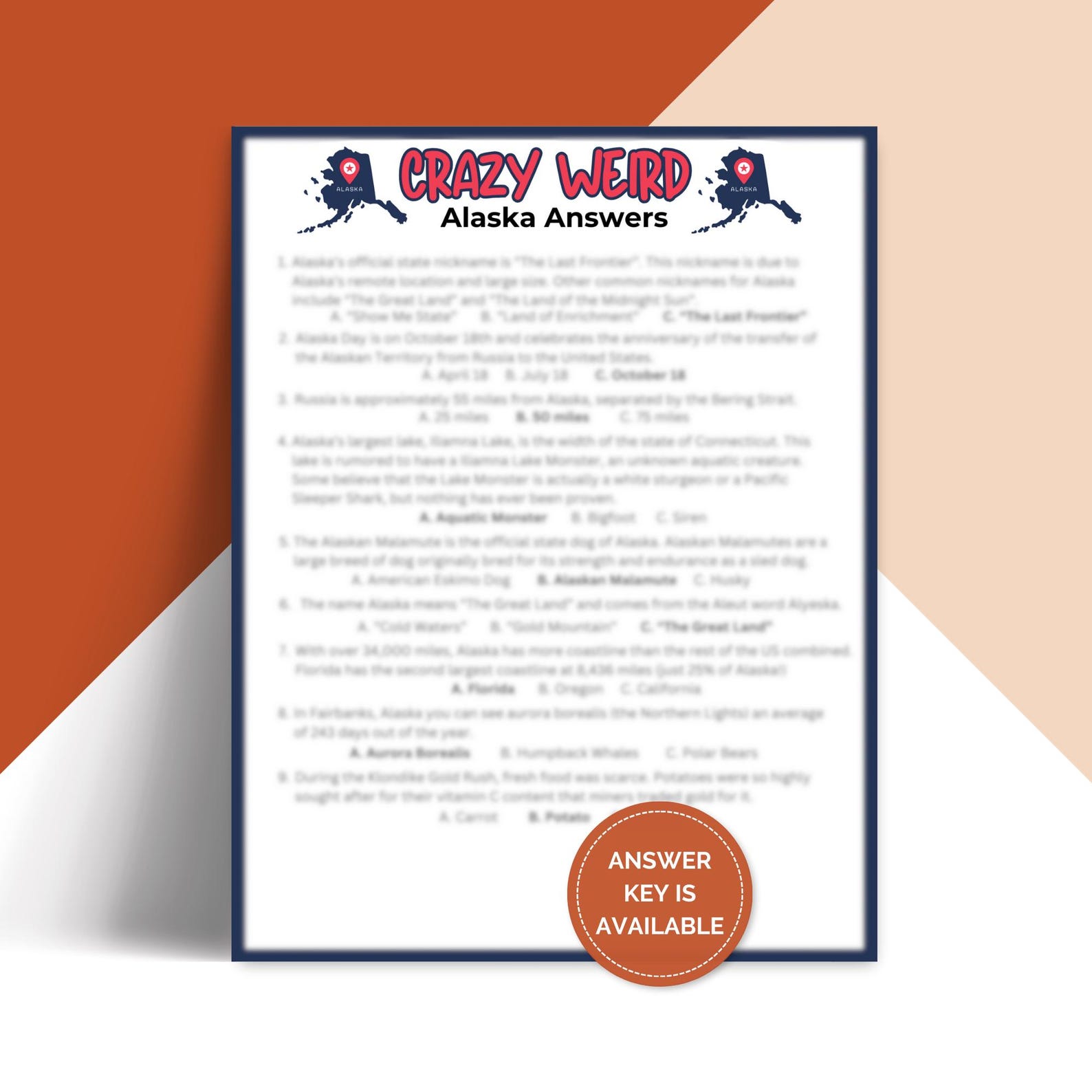 Printable Crazy Weird Alaska Trivia Game, US States Pub Trivia ...