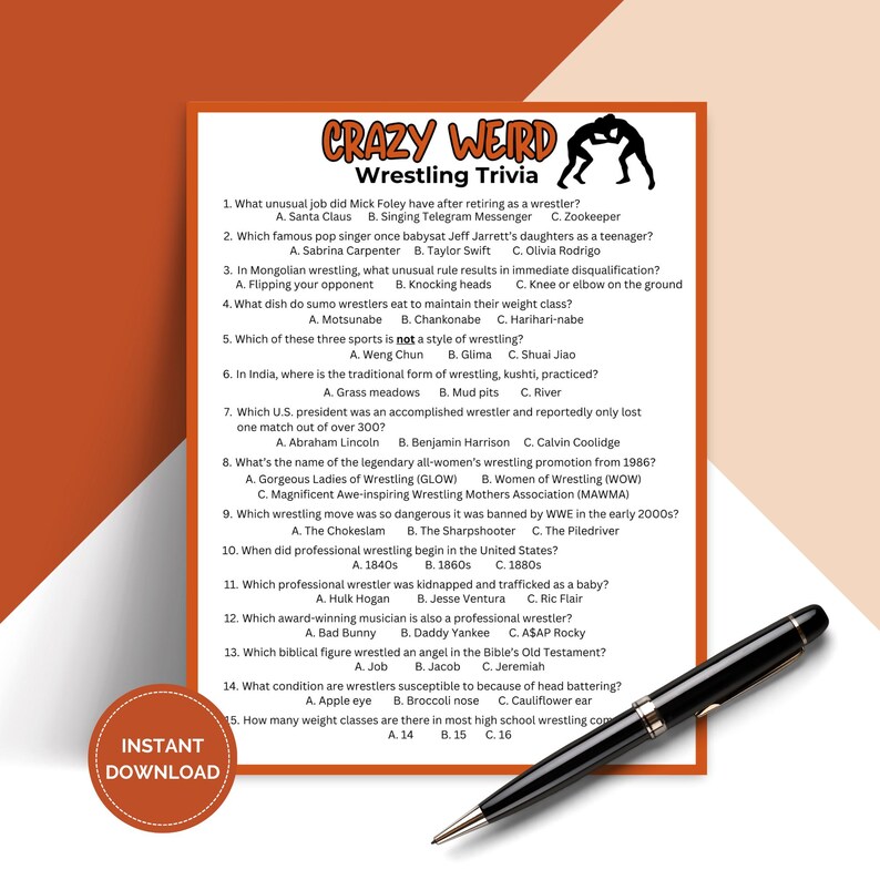 Printable Crazy Weird Wrestling Trivia Game, Pub Trivia Sports Night ...