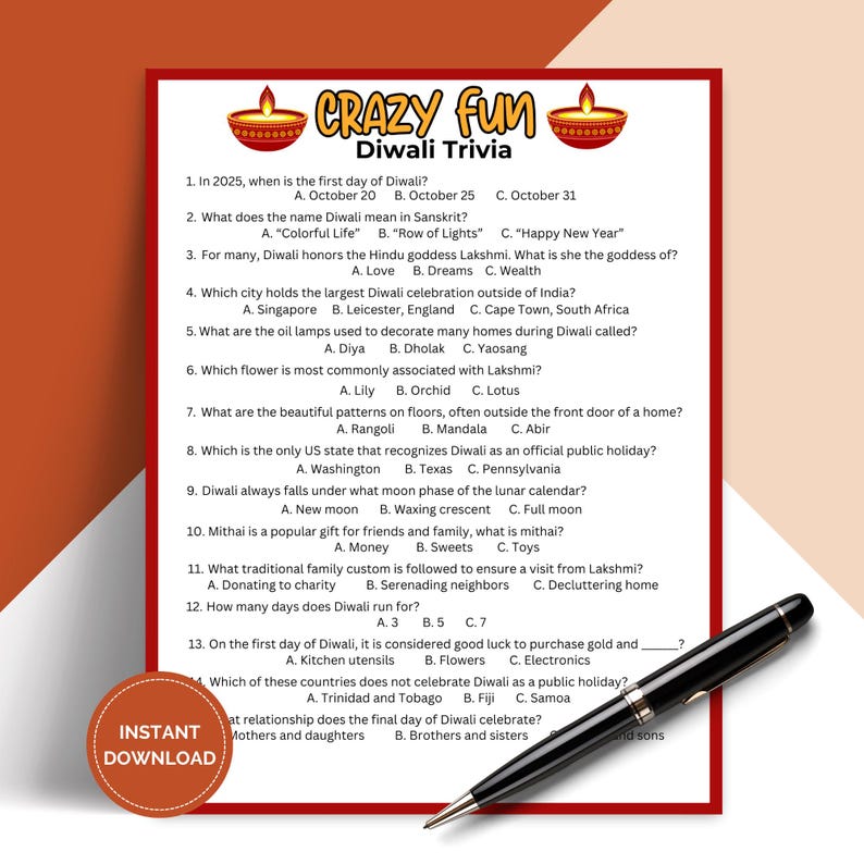 Printable Diwali Trivia Game, Pub Quiz, Icebreaker Trivia for Diwali ...
