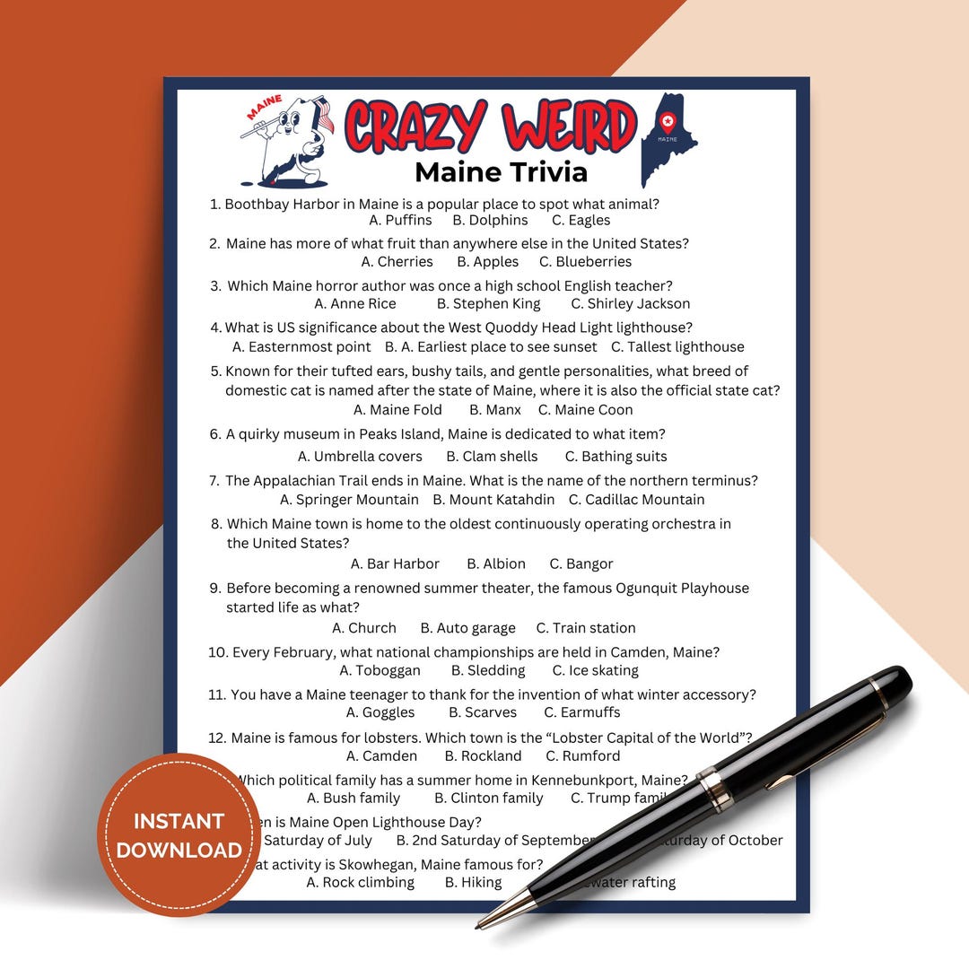 Printable Crazy Weird Maine Trivia Game, US States Pub Trivia, Vacation ...