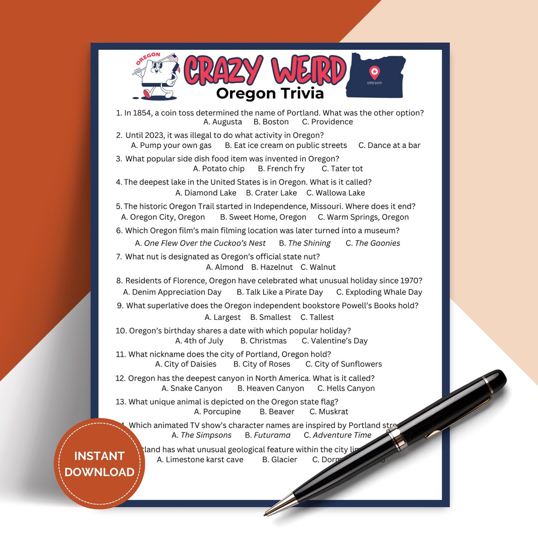 Printable Crazy Weird Oregon Trivia Game, US States Pub Trivia ...