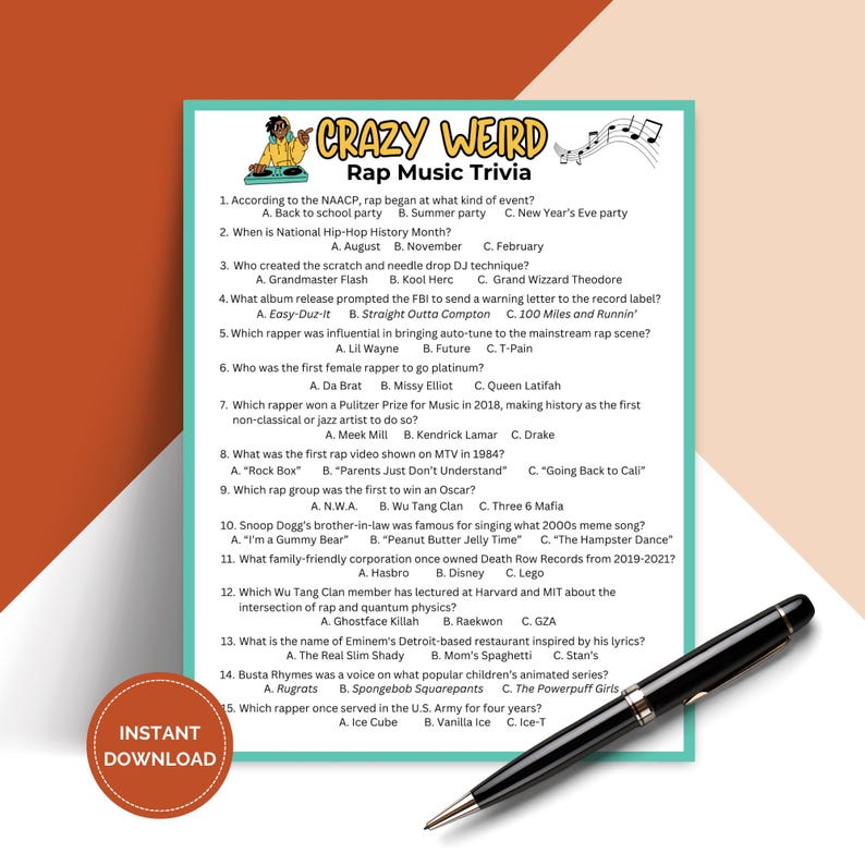 Printable Crazy Weird Rap Music Trivia Game, Hip Hop Pub Trivia ...