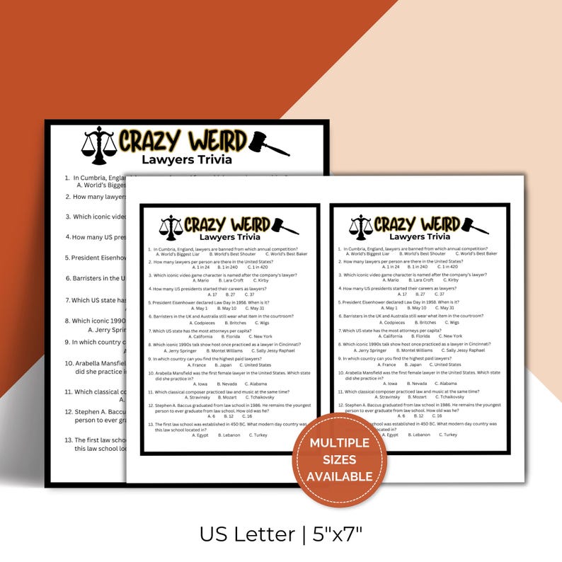 Printable Crazy Weird Lawyers Legal Trivia Game Perfect for Law School ...