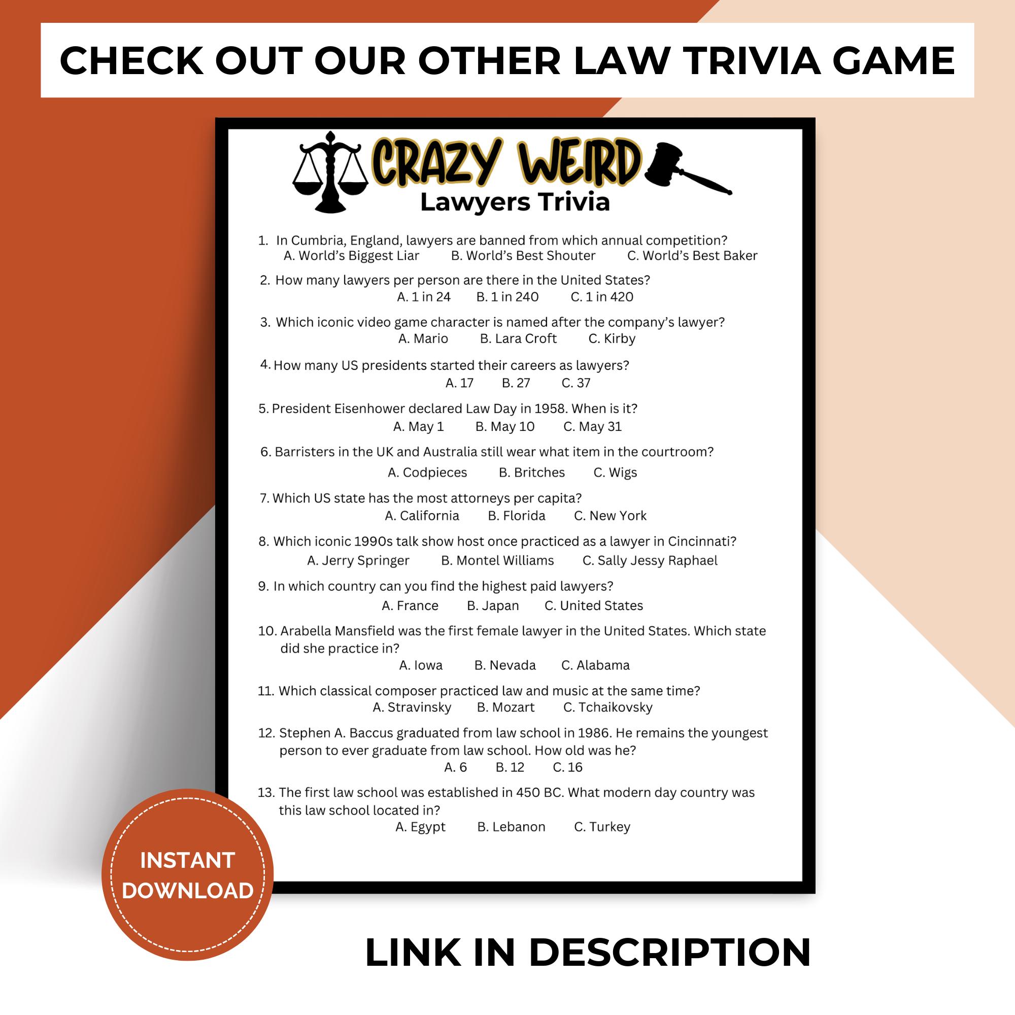 Printable Crazy Weird US State Laws Trivia Game Perfect for Law School ...