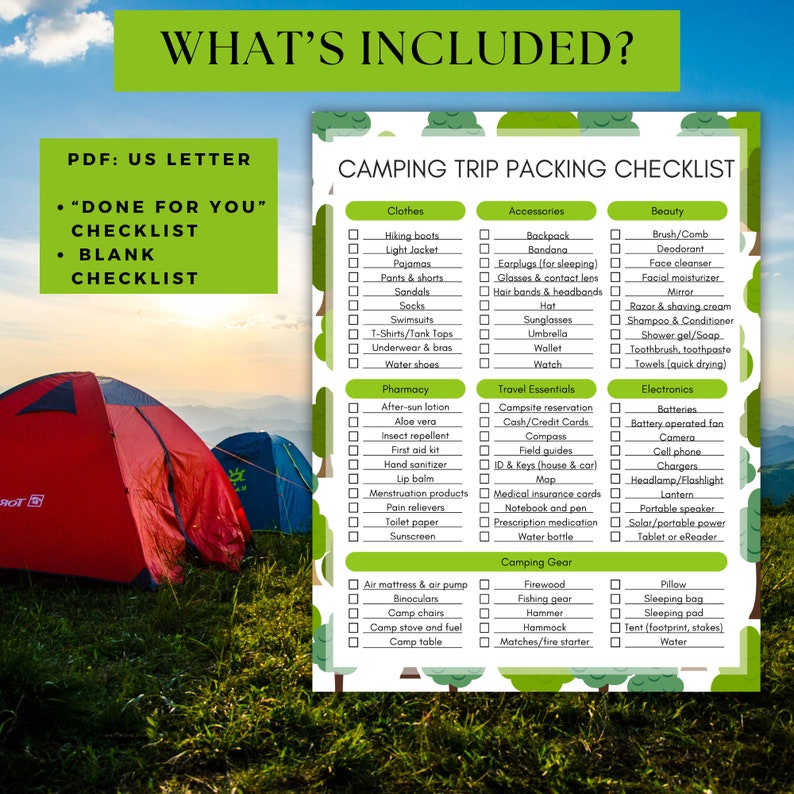 Printable Camping Essentials Checklist Green, Camping Packing Checklist ...