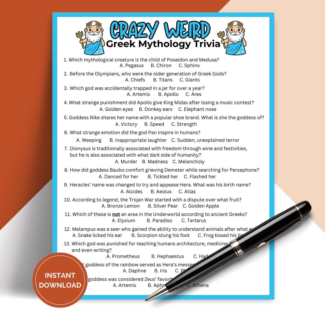 Printable Crazy Weird Greek Mythology Trivia Game, Greek Gods Pub ...