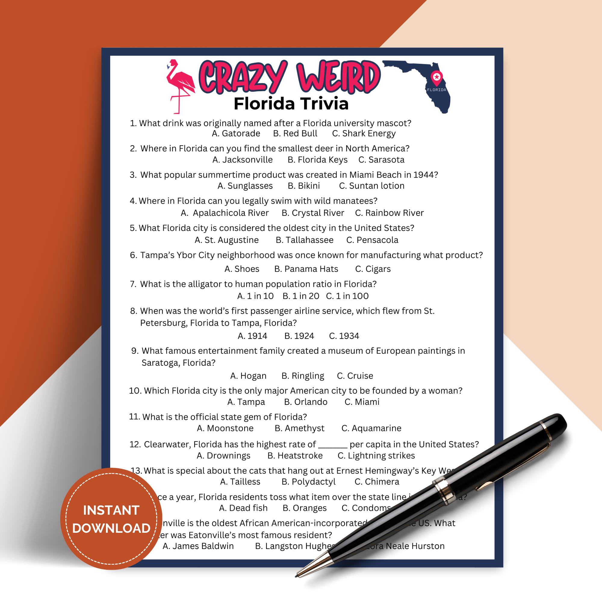 Printable Crazy Weird Florida Trivia Game, US States Pub Trivia ...