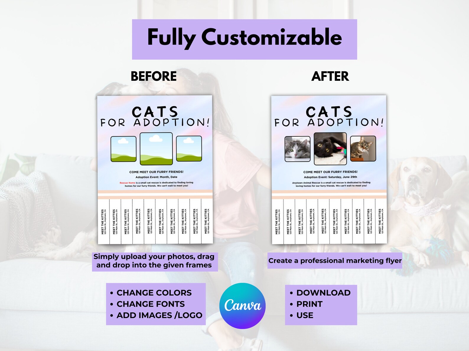 Editable Cat Adoption Event Tear off Flyer, Nonprofit Animal Shelter ...